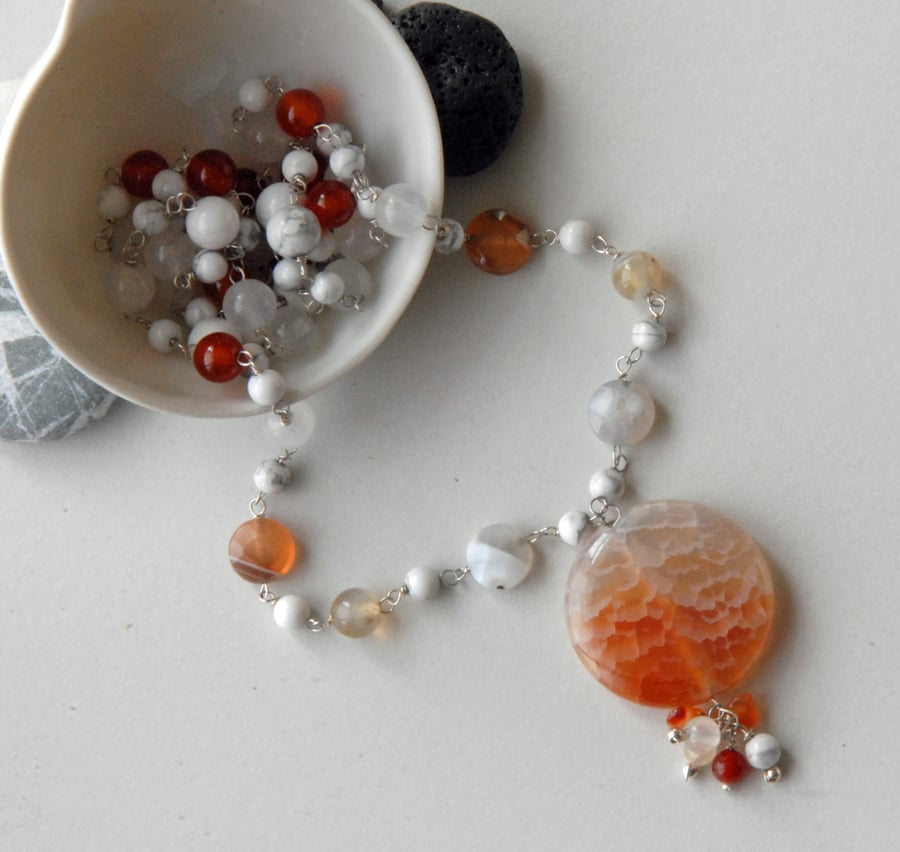 Beaded agate, white howlite, orange carnelian a... - Folksy