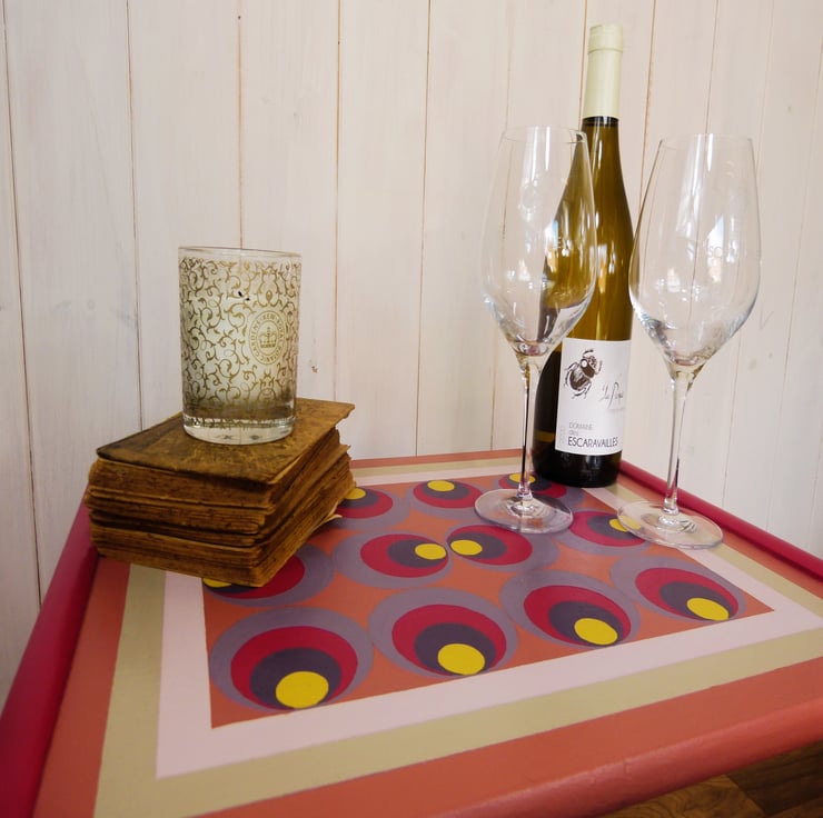 Hand painted boho pink side table with retro de... - Folksy