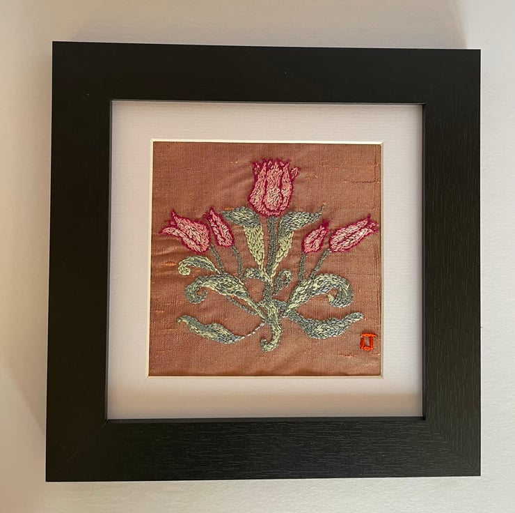 Hand embroidered framed picture - ‘Tulips’ - Folksy