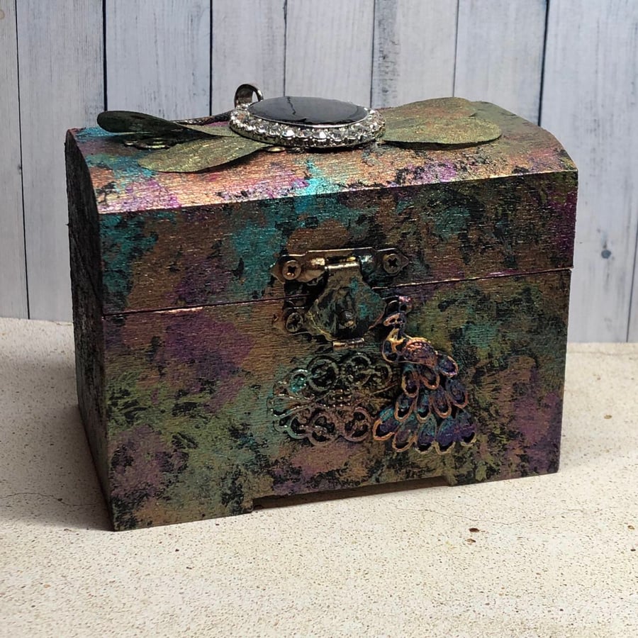Peacock themed wooden treasure chest box - Folksy