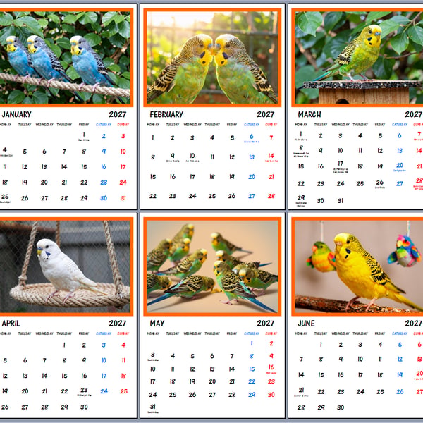 2027 Calendar Budgie Birds A4 Size Wall Hanging - Folksy