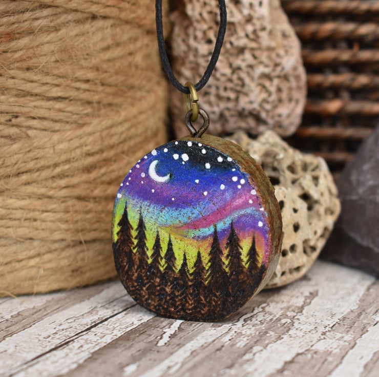 Forest skies pyrography pendant. Rustic branch ... - Folksy