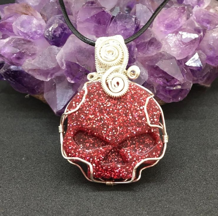 Red skull pendant wire wrapped with silver plat... - Folksy