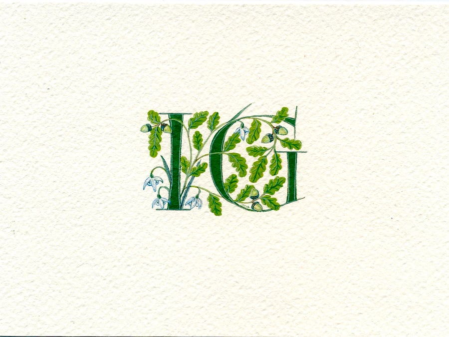 Double initials with oak leaves, acorns and sno... - Folksy