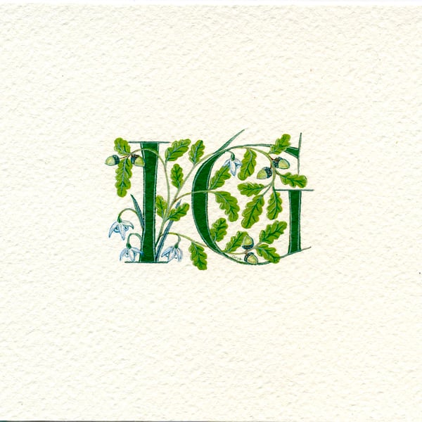 Double initials with oak leaves, acorns and sno... - Folksy