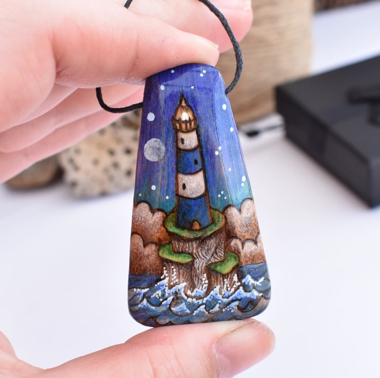 Twilight lighthouse. Pyrography blue and white ... - Folksy