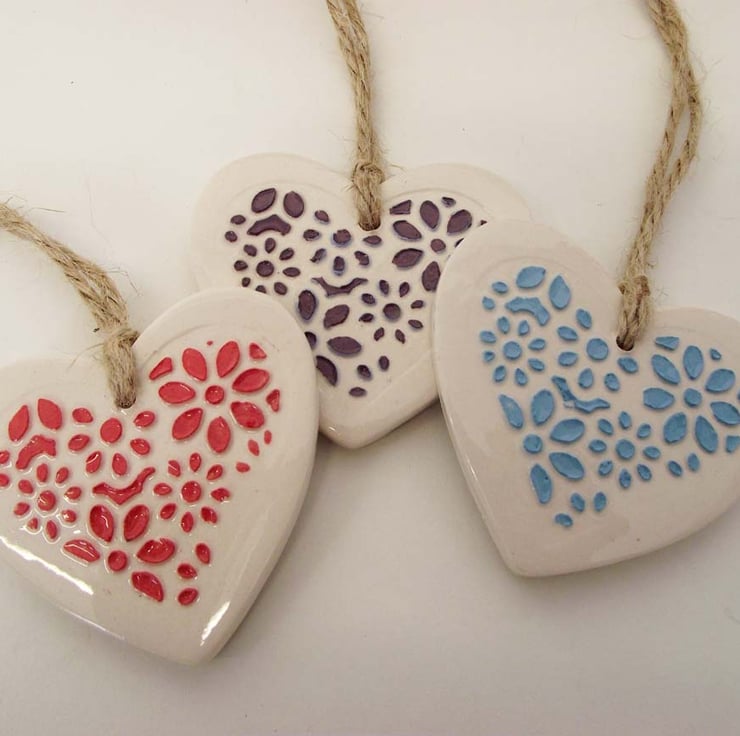 Ceramic Heart decorations set of three - Folksy