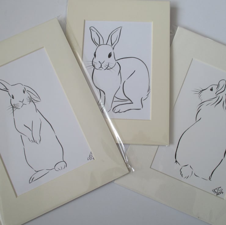 Bunny Rabbit Original Art Line Painting Mounted... - Folksy