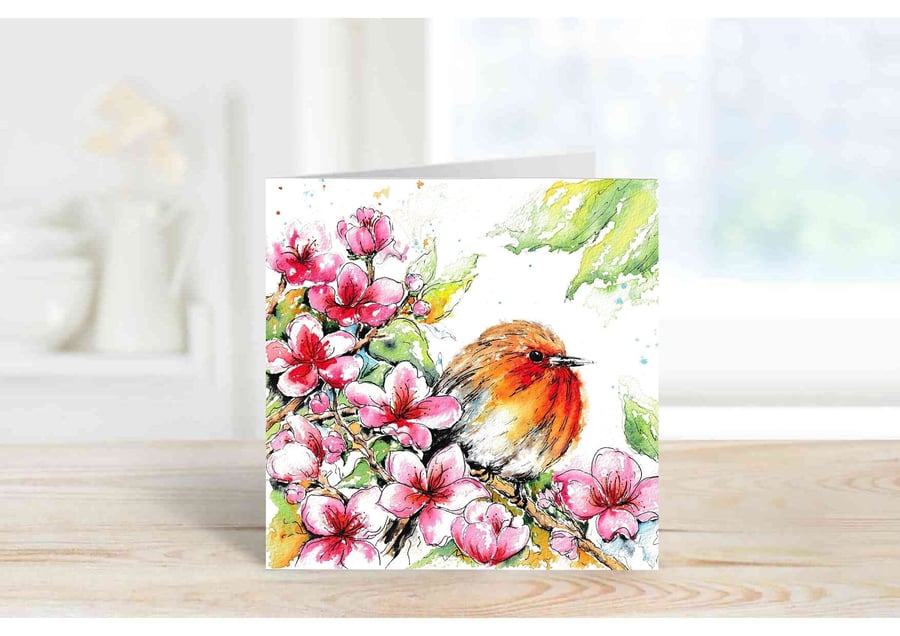 Fluffy Springtime Robin Art Card Watercolour Pa... - Folksy