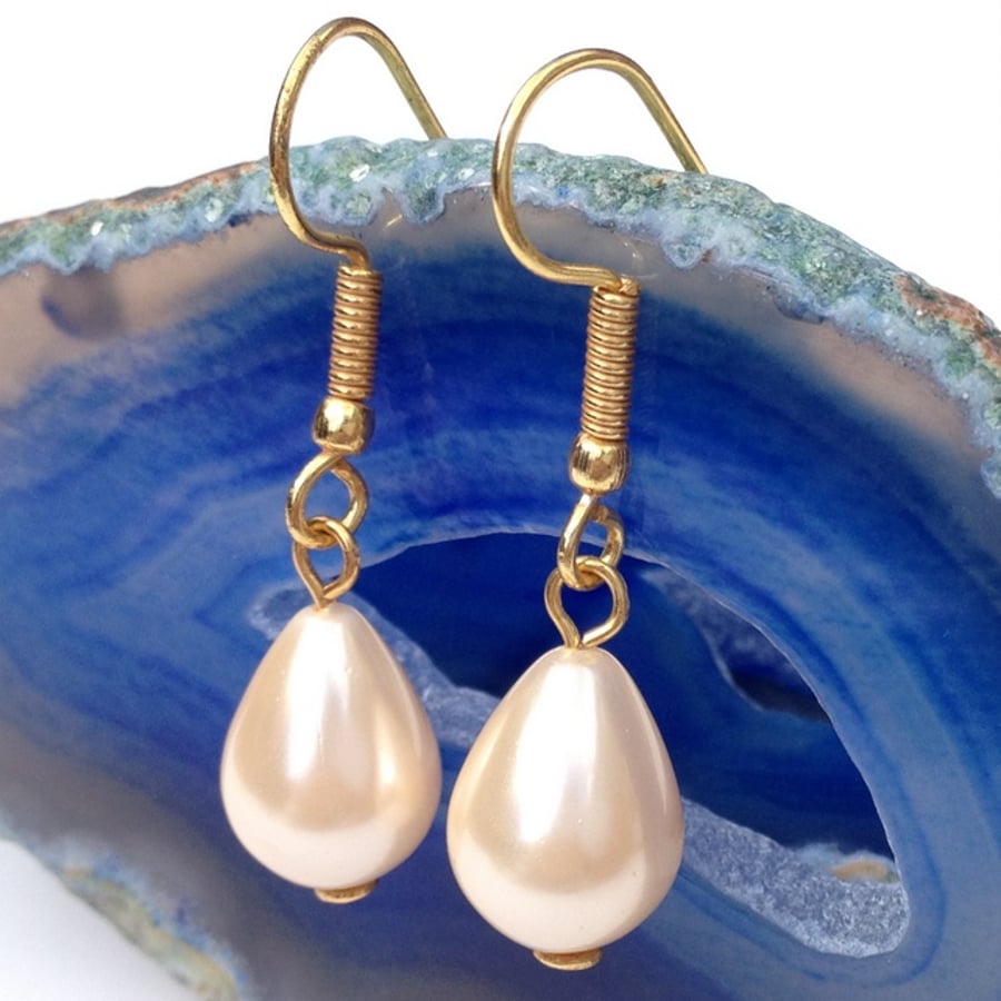 Champagne Shell Pearl Drop Earrings - Folksy
