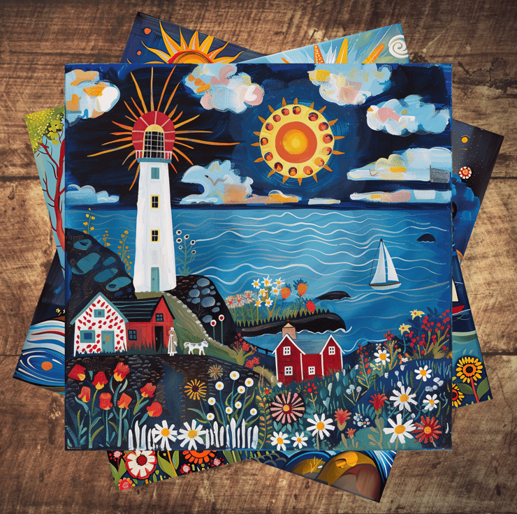 Lighthouse - Box Set of 8 different designed Il... - Folksy