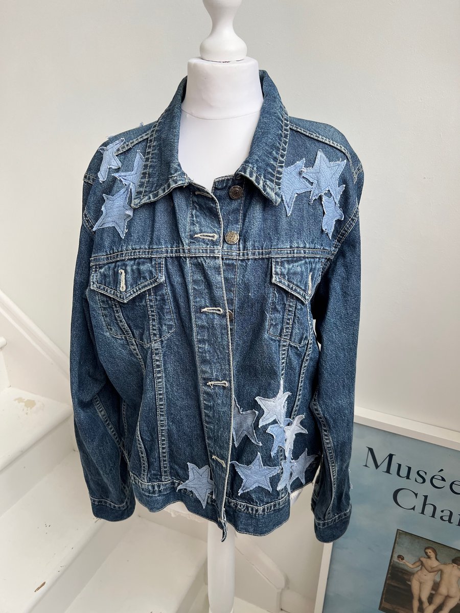 Refashioned denim jacket with denim stars detai... - Folksy