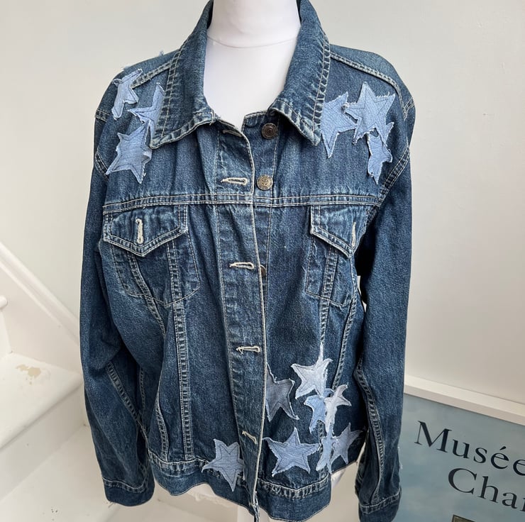 Refashioned denim jacket with denim stars detai... - Folksy