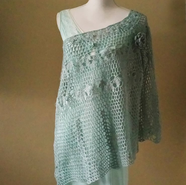 Light blue crochet wedding poncho with flower b... - Folksy