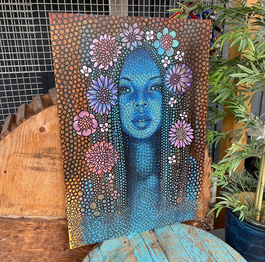 Original A1 acrylic and paint pen portrait. Blu... - Folksy