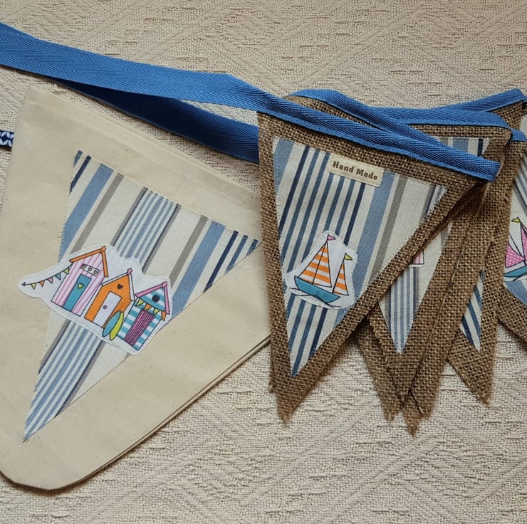 Beach hut bunting in a bag; cotton on hessian - Folksy