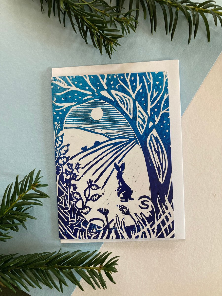 Card - Linocut design - Winter Hare - Folksy
