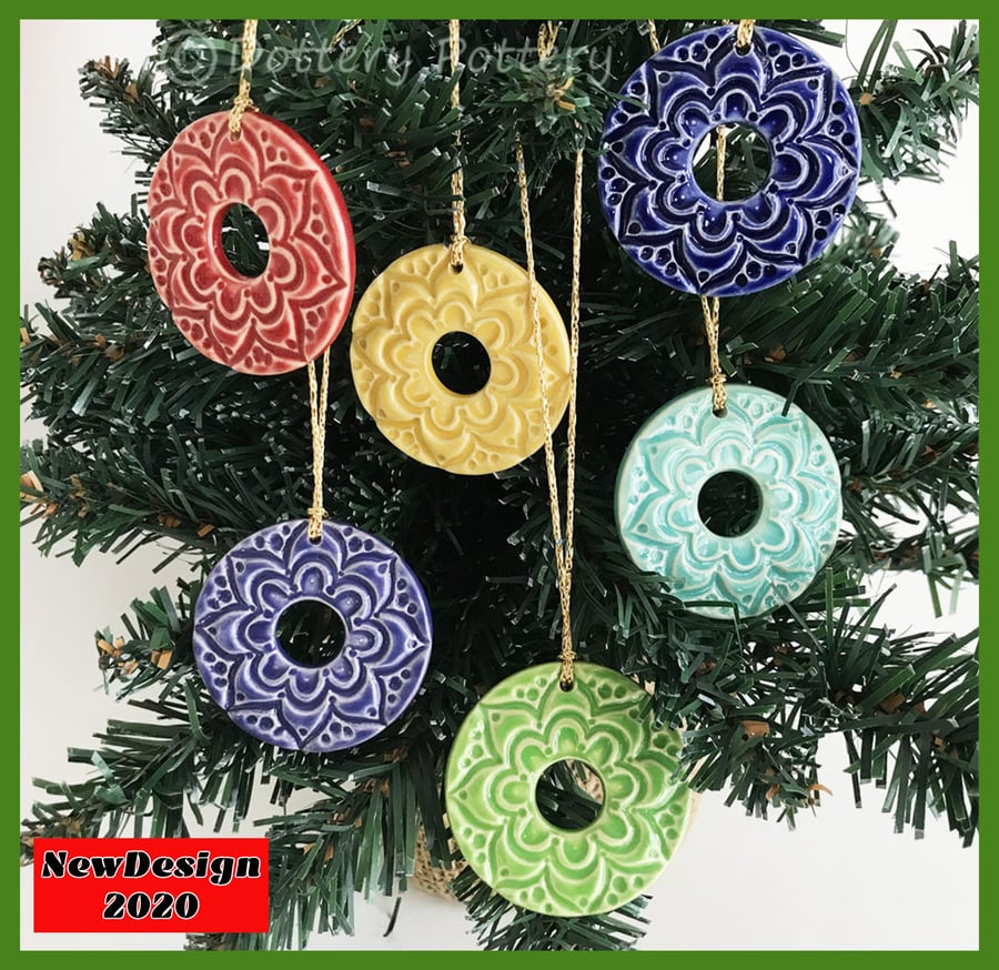 Set of six bright ceramic disc baubles - Folksy
