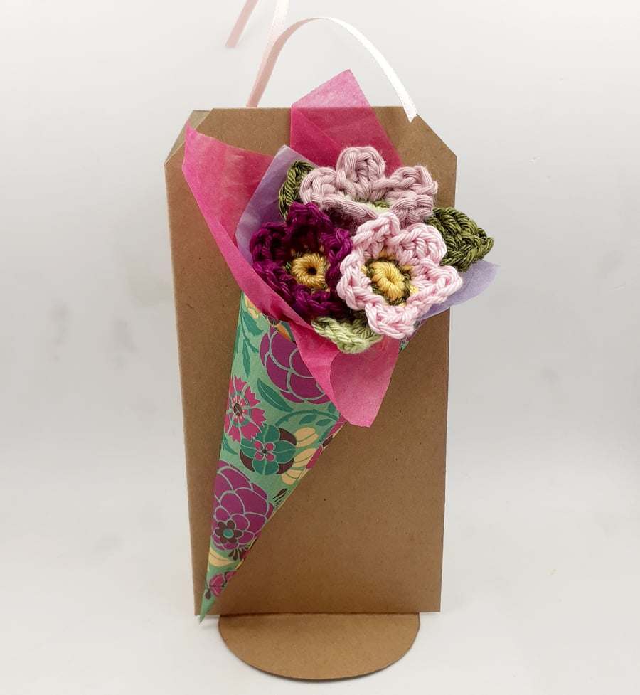 Crochet Floral Bouquet Brooch Card - Pink, Pur... - Folksy