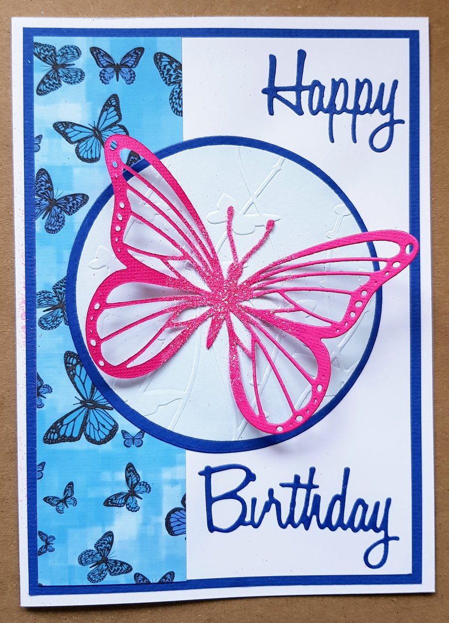 Birthday Card Handmade Pink Butterfly On Blue E... - Folksy