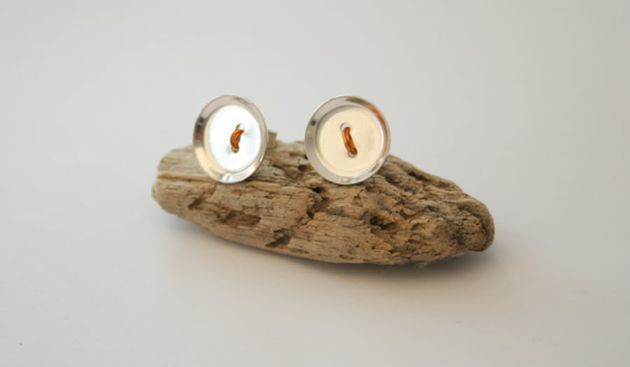 Silver Button Stud Earrings With Copper Wire Ac... - Folksy