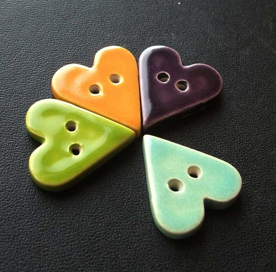 set of four bright heart ceramic buttons - Folksy