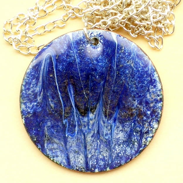 round enamel pendant - blue on white - Folksy