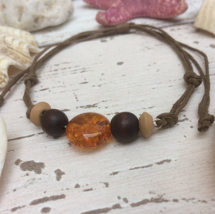 Copal Amber Cord Bracelet with Wood Beads - Folksy