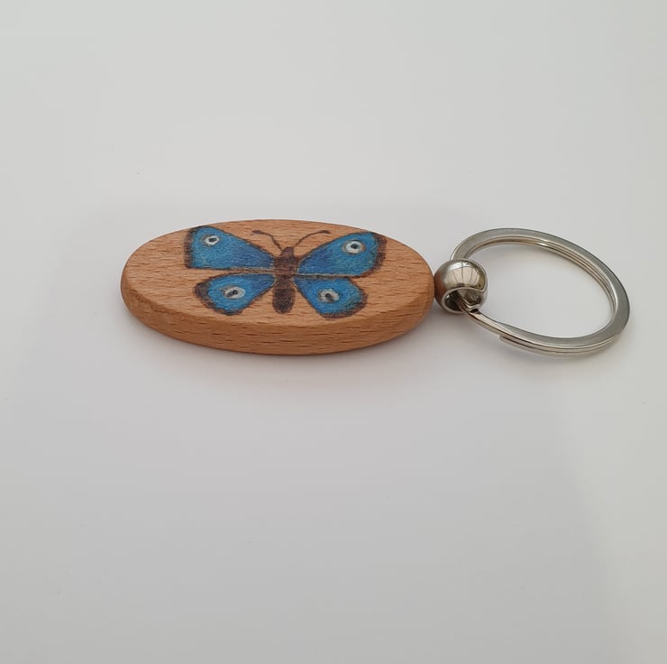 blue butterfly pyrography wooden keyring - Folksy