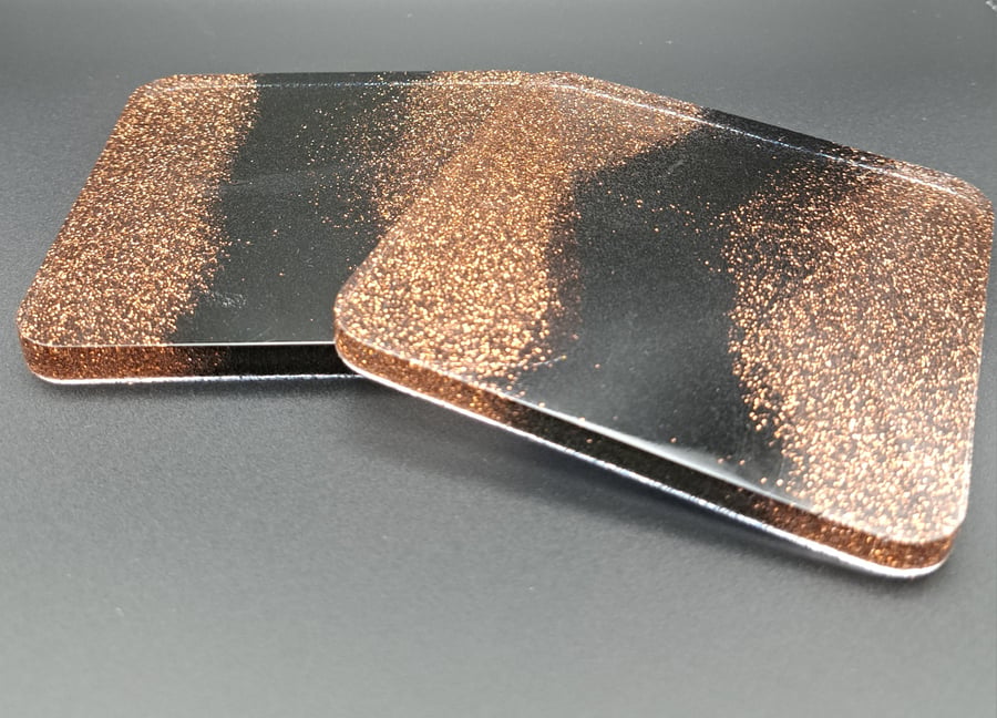Glittery two tone black and bronze square coaster - Folksy