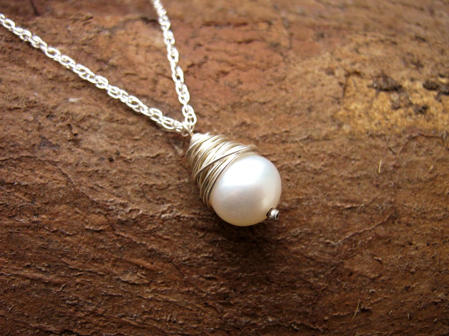 Ivory Freshwater Pearl Wire Wrapped Drop Pendant - Folksy