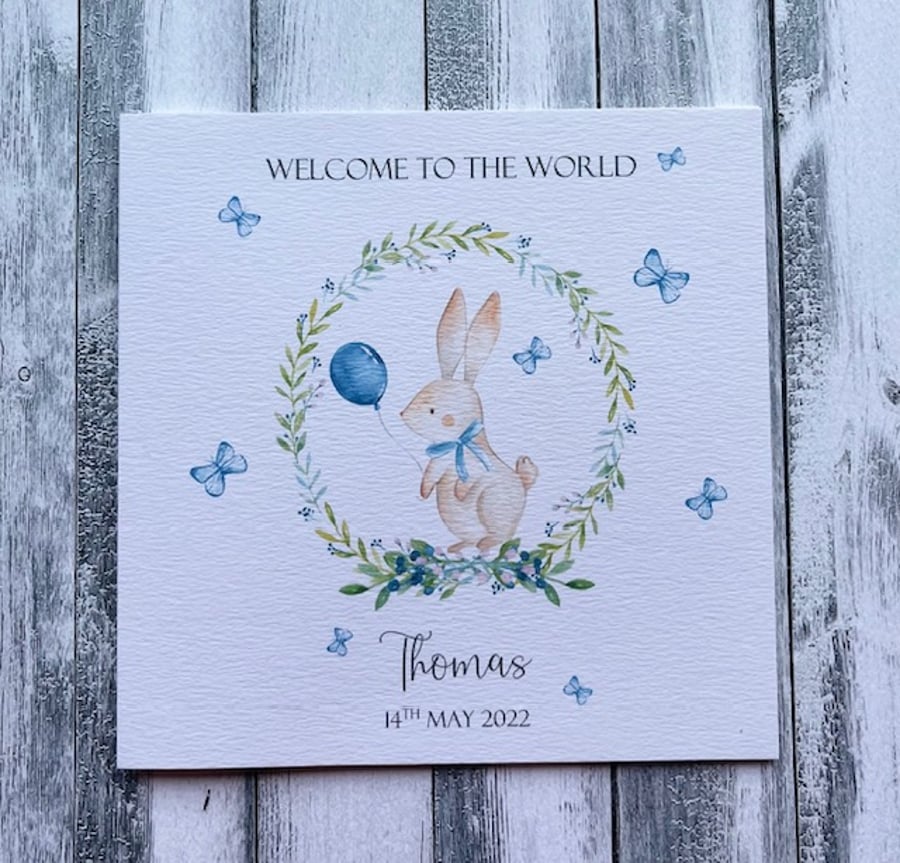 Personalised Baby Rabbit New Baby Boy Card, Wel... - Folksy