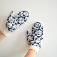 White Wool Mittens Floral Navy Flowers Snowflak... - Folksy