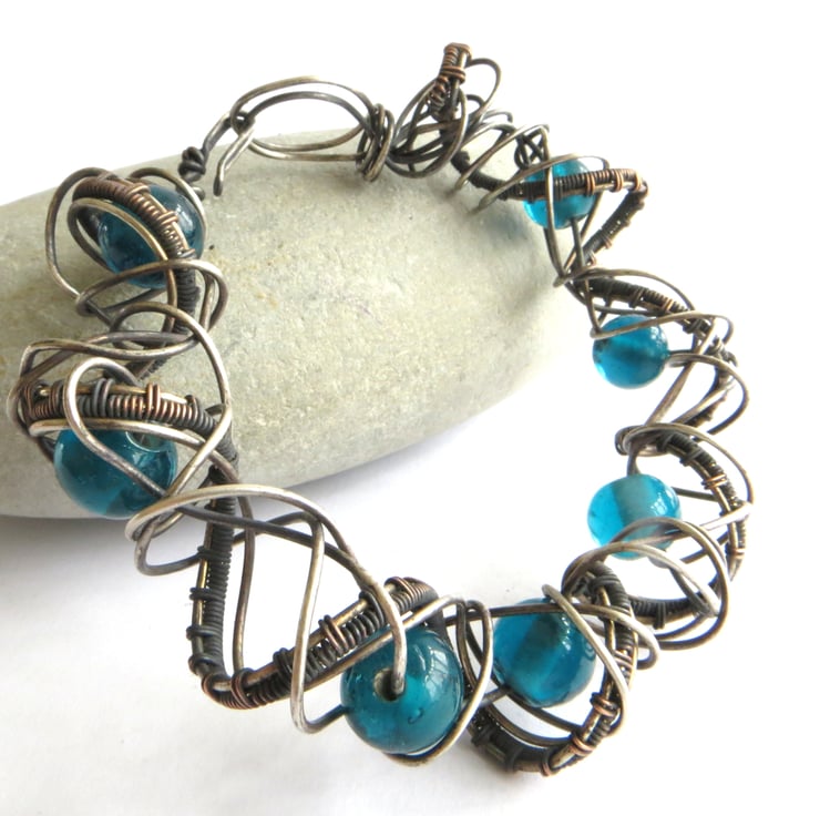 Bangle, Coiled Silver Wirework with Turquoise G... - Folksy