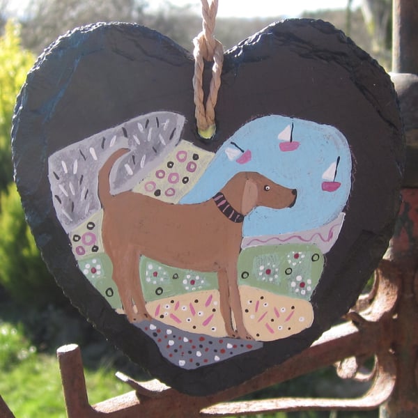 Slate, hand painted heart with illustration of ... - Folksy