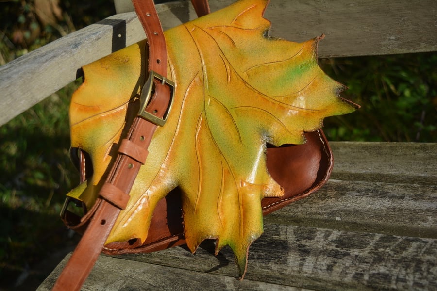 Rustic Leaf bag - handmade from natural veg-tan... - Folksy