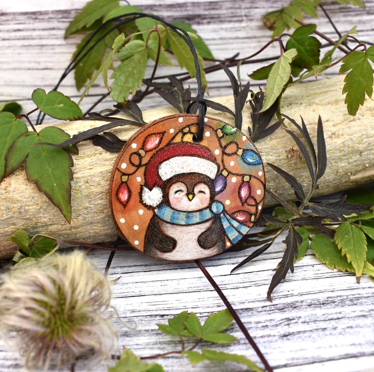 Festive Penguin hanging disc. Pyrography cute p... - Folksy
