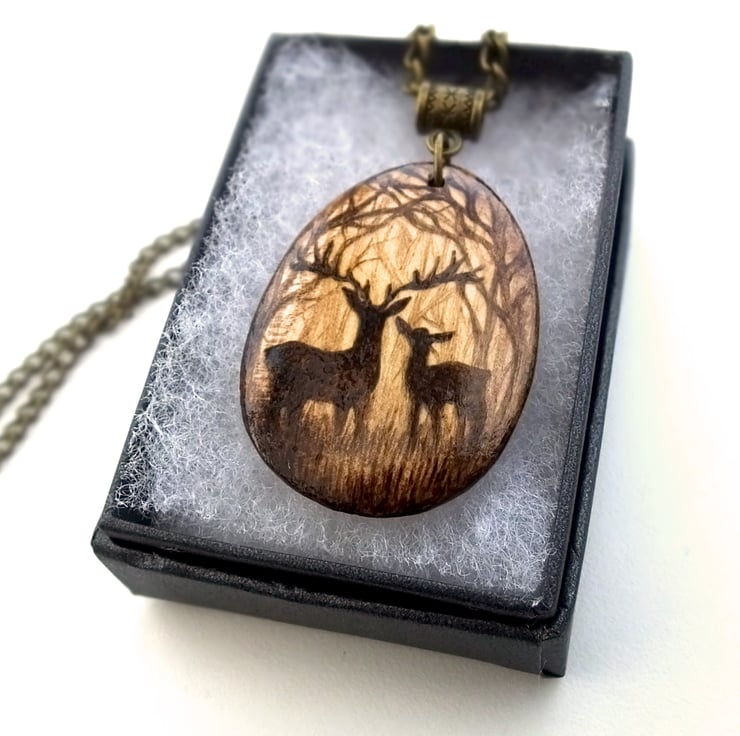 Stag and deer couple in the forest, pyrography ... - Folksy