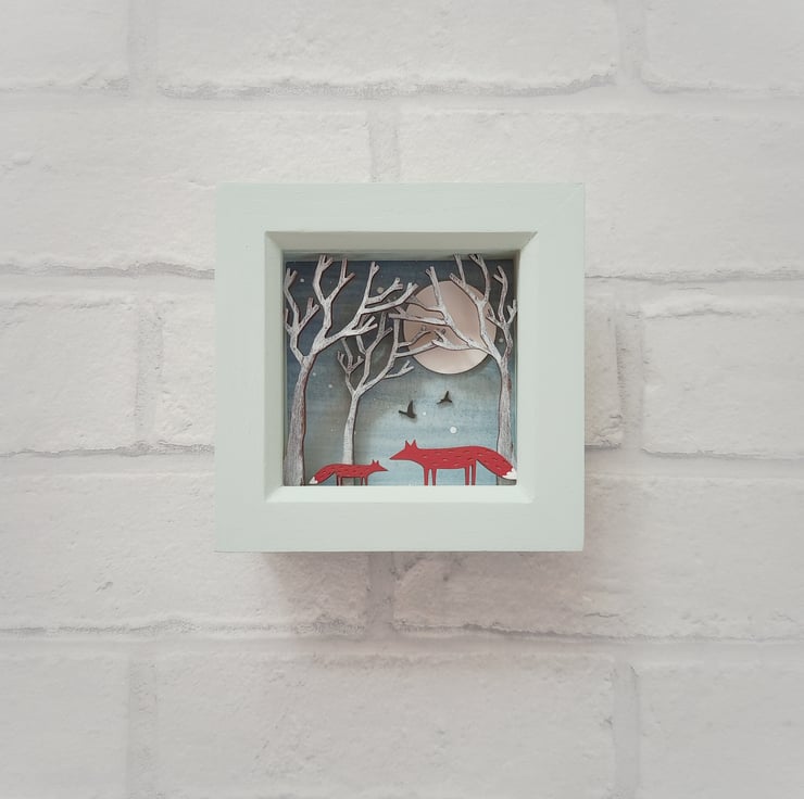 Fox & Cub Picture, Folk Art, Forest Diorama... - Folksy