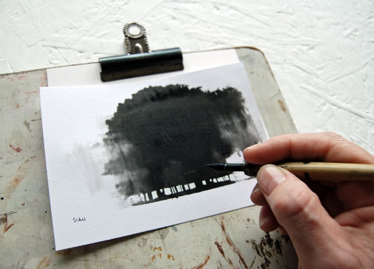 Inkspill oak trees - original ink sketch - Folksy
