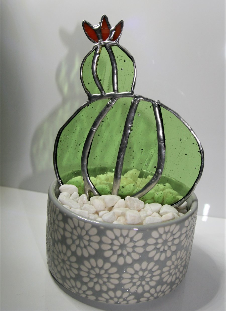 Stained glass cactus in decorative pot. - Folksy