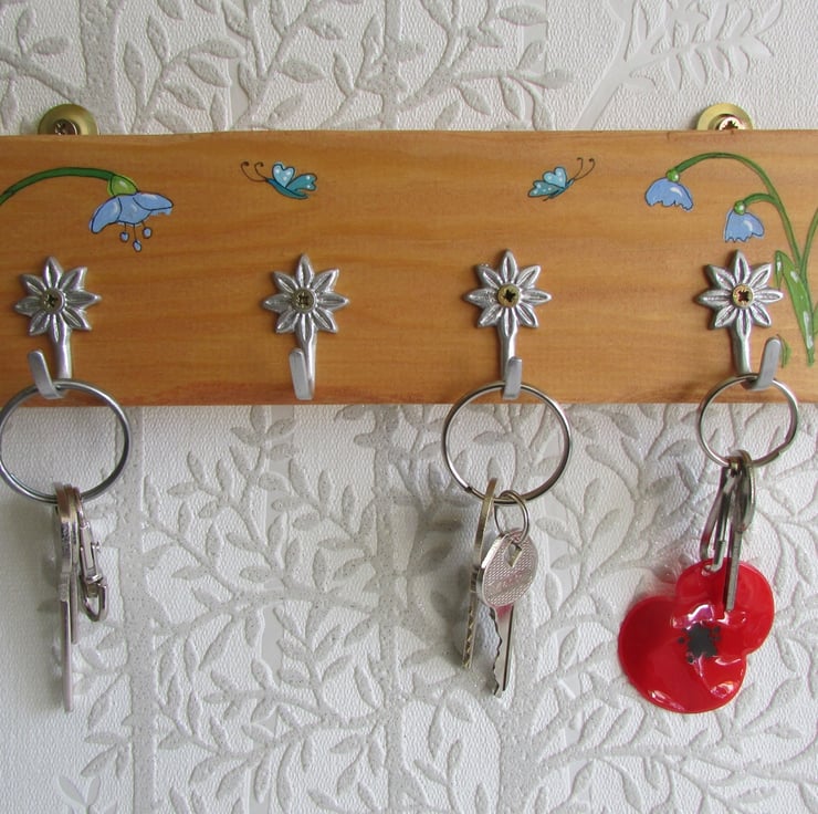 Key Hook, wooden with 4 metal daisy hooks, pain... - Folksy