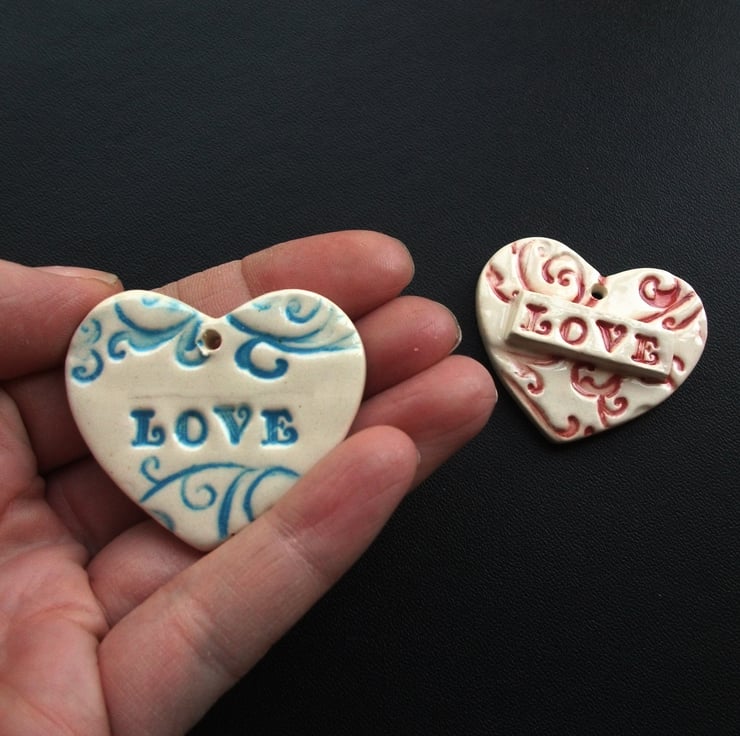 Set of two ceramic LOVE heart pendants - Folksy