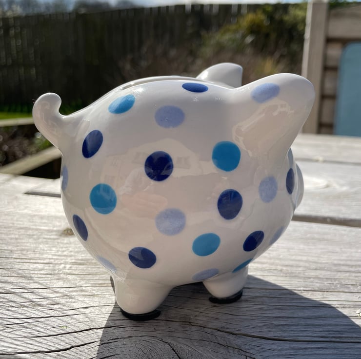 White Piggy Bank with Blue Polka Dot Spots, Sma... - Folksy