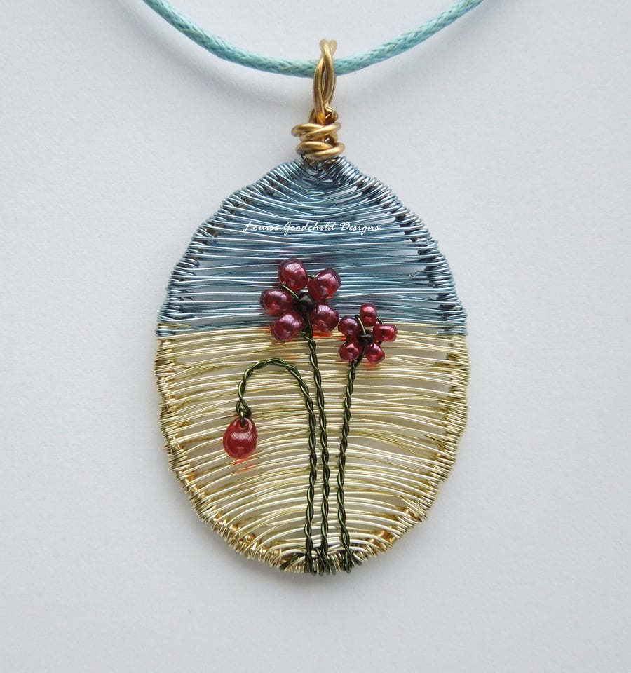 Wayside Poppies wire flower poppy necklace, uni... - Folksy