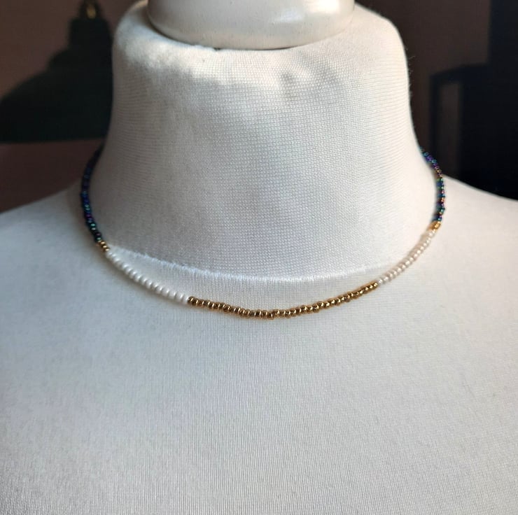 Glass beaded necklace, iridescent blue, gold, c... - Folksy