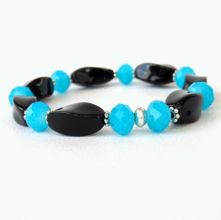 Black onyx and cyan blue crystal stretchy bracelet - Folksy