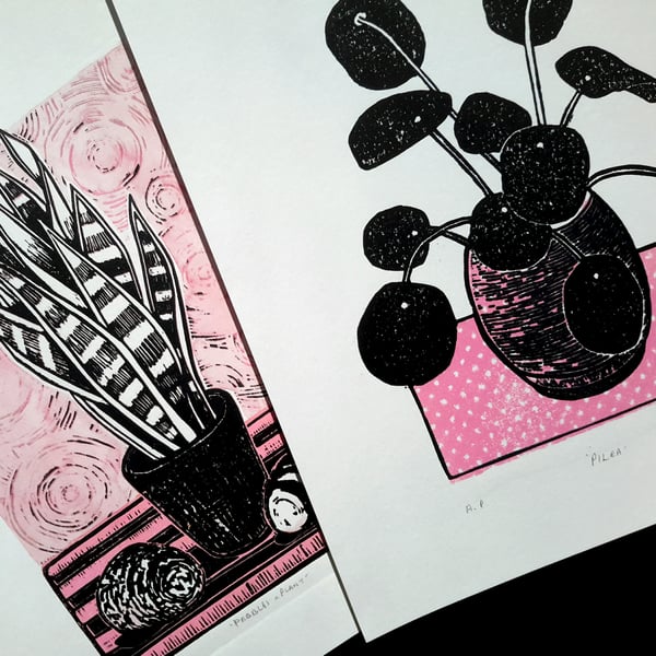 Plants Two Linocut prints Pilea plant & Sn... - Folksy