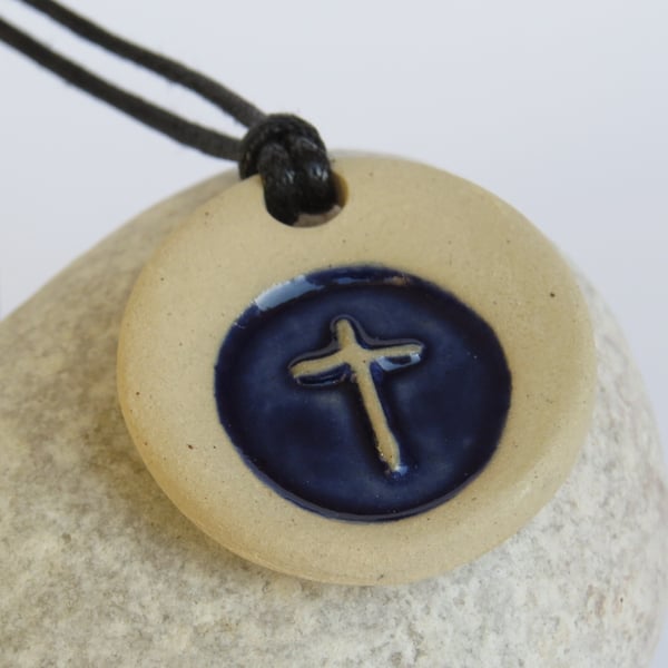 Blue Cross Ceramic Necklace - Folksy