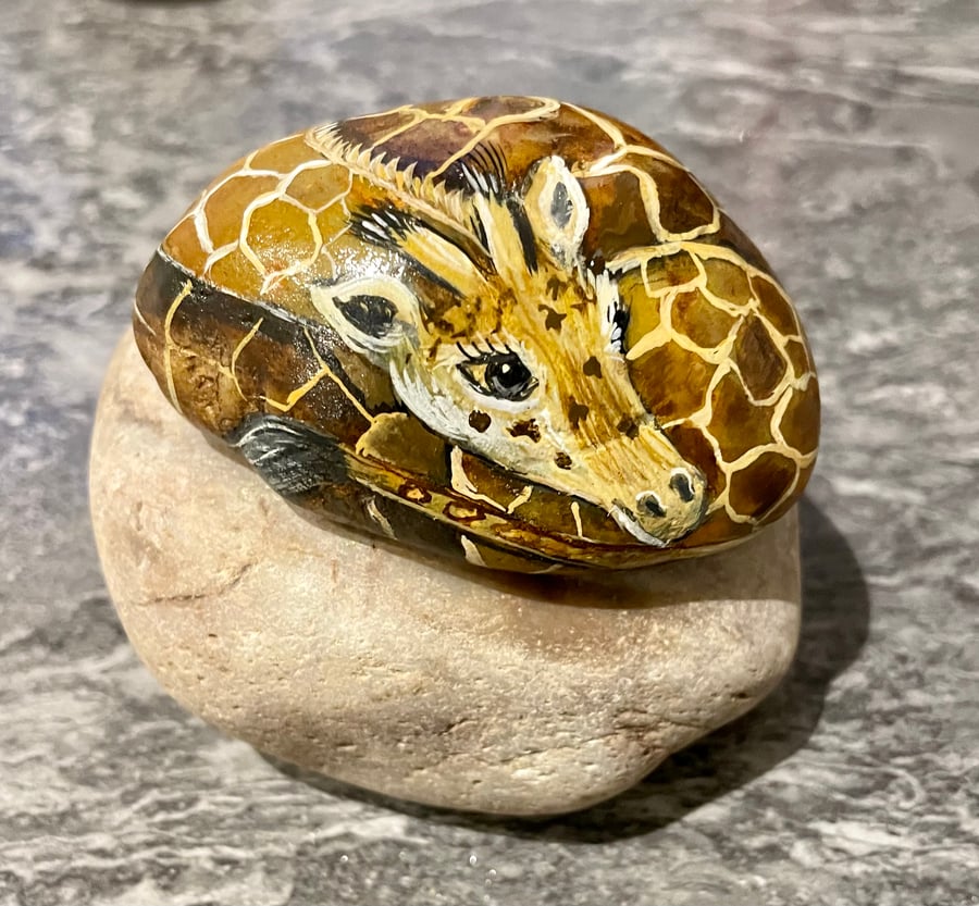 Giraffe hand painted pebble garden rock art wil... - Folksy